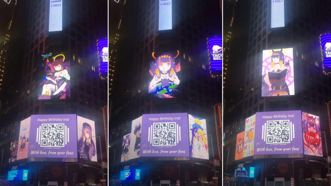 Vtuber Ina'nis 生日賀圖登上時代廣場大螢幕，粉絲自製免費小遊戲慶生 | 4Gamers